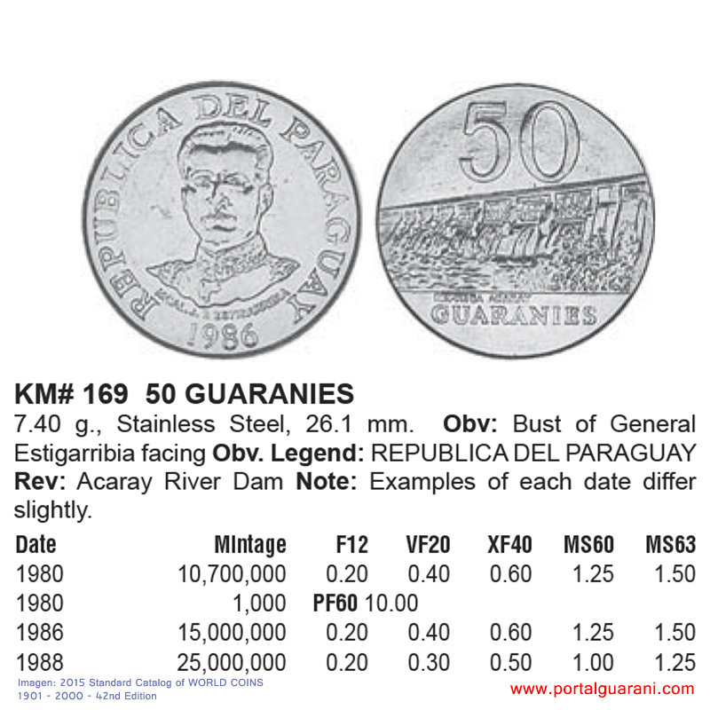Portal Guaraní - KM# 169 50 GUARANIES - MONEDAS DE PARAGUAY - WORLD COINS